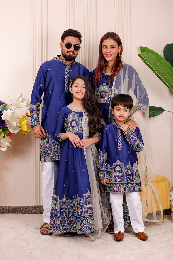 Buy Blue Heritage Embroidered Family Combo Dress for Festive Twinning ...