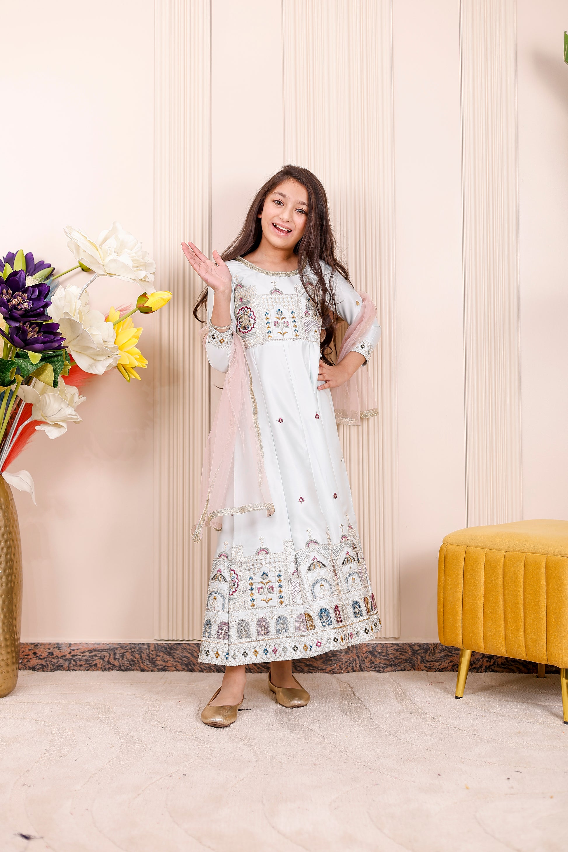Ice Blue Elegance Embroidered Girl dress Outfit 🤍🌸 ️ 👨‍👩‍👧‍👦 – Stuffieland